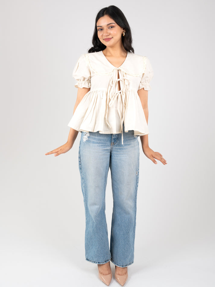 MONOMEE LUNA FRONT BOW TIE PLACKET LACE COTTON TOP – monomeeapparel