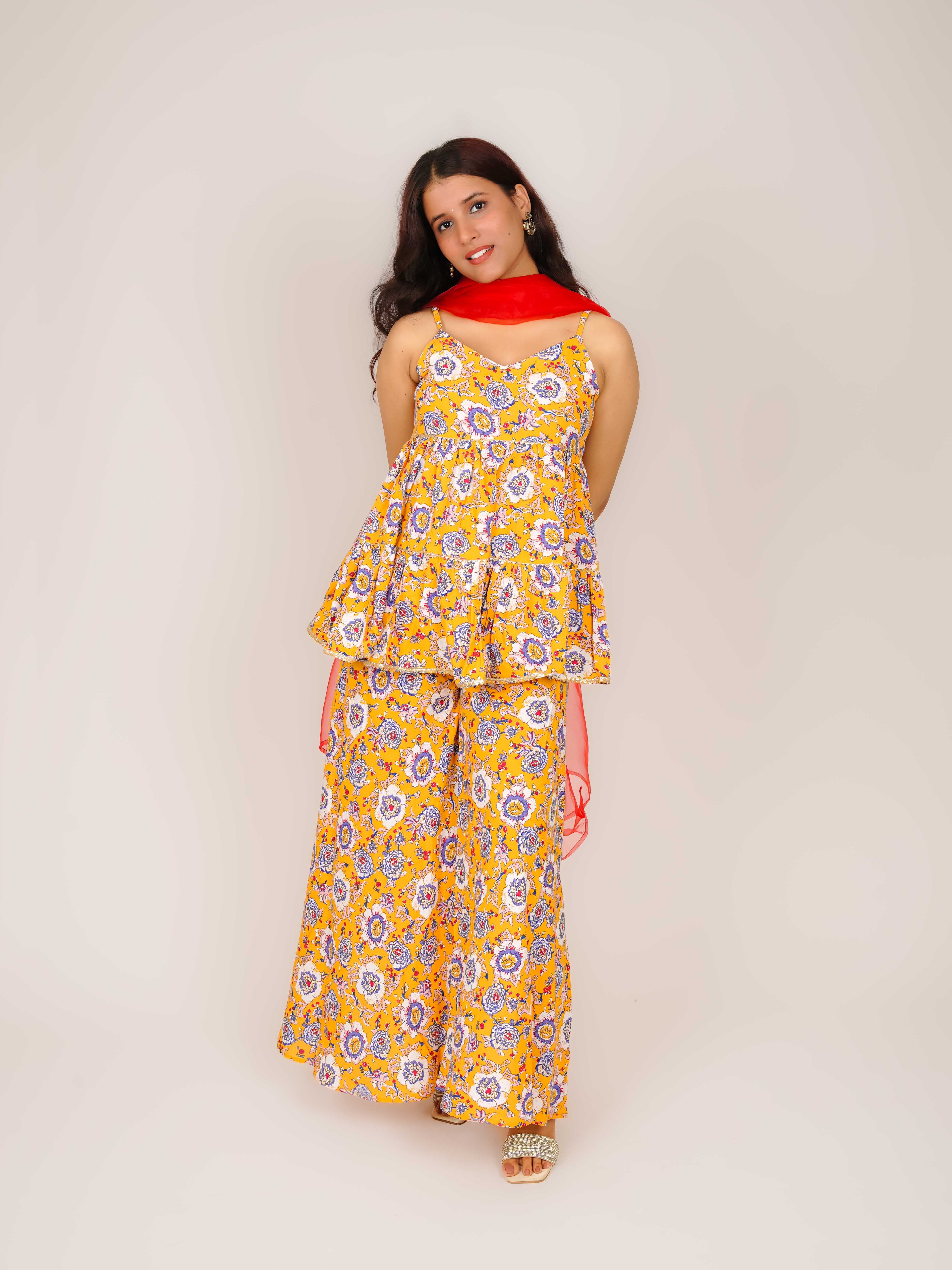 MEHIRA V-NECK SHOULDER STRAPS TIERED A-LINE KURTA WITH PALAZZOS & DUPA ...